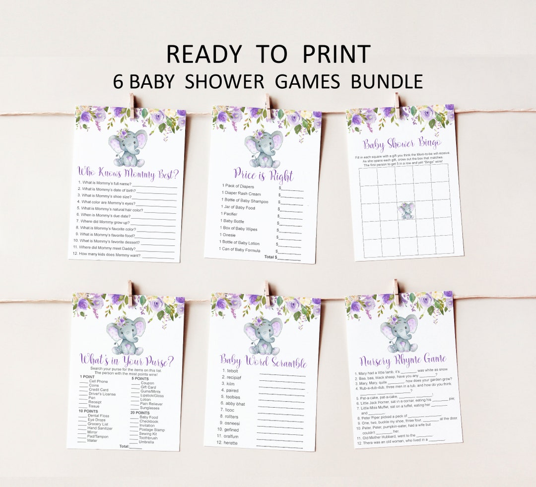 Elephant Baby Shower Games Printable Game Bundle Purple Elephant Girl ...