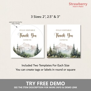 Editable Forest Mountain Thank You Tag Wedding Favor Tag Adventure Baby ...