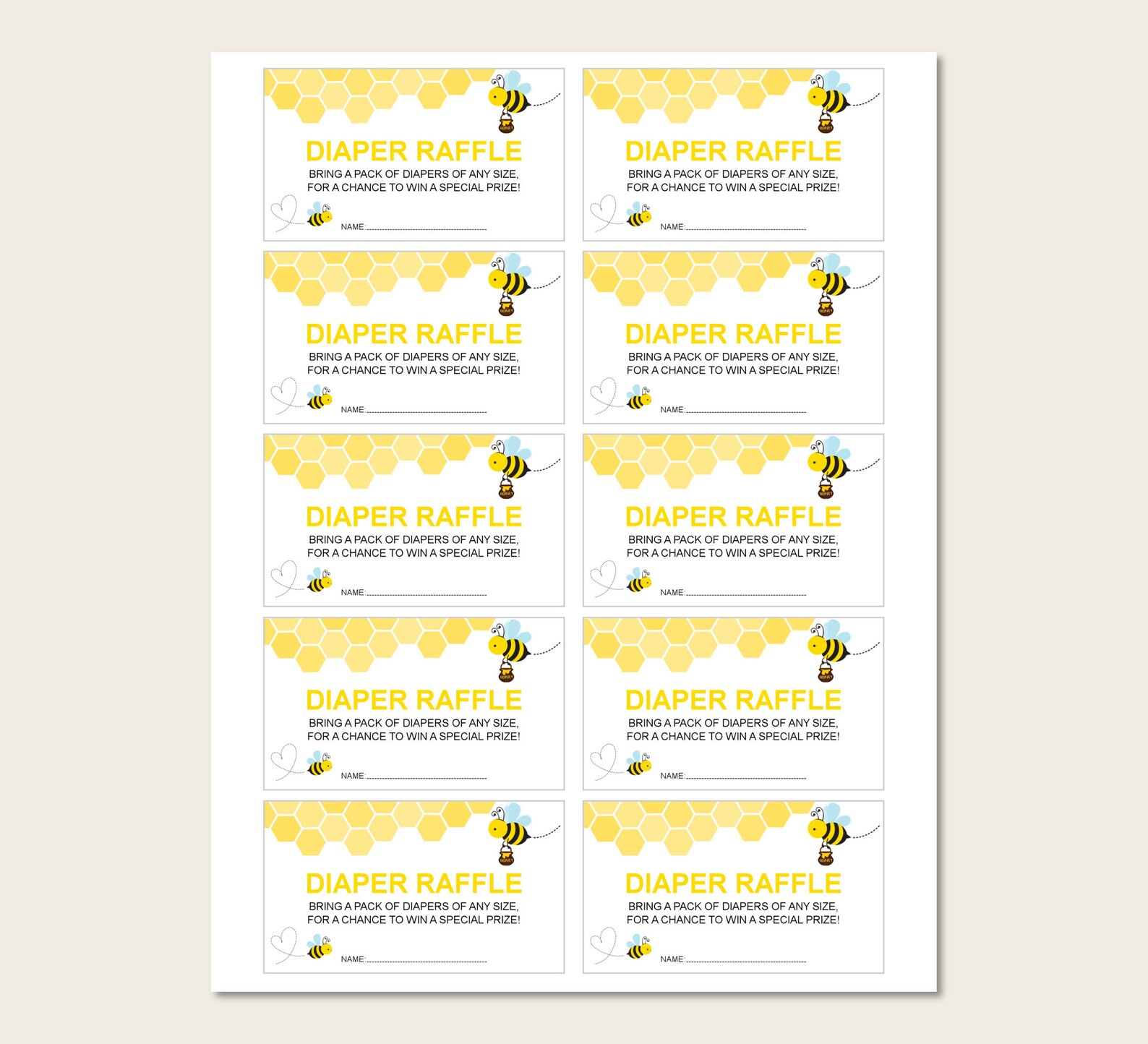 Bee Diaper Raffle Tickets Diaper Raffle Cards Bumble Bee Mommy | Etsy