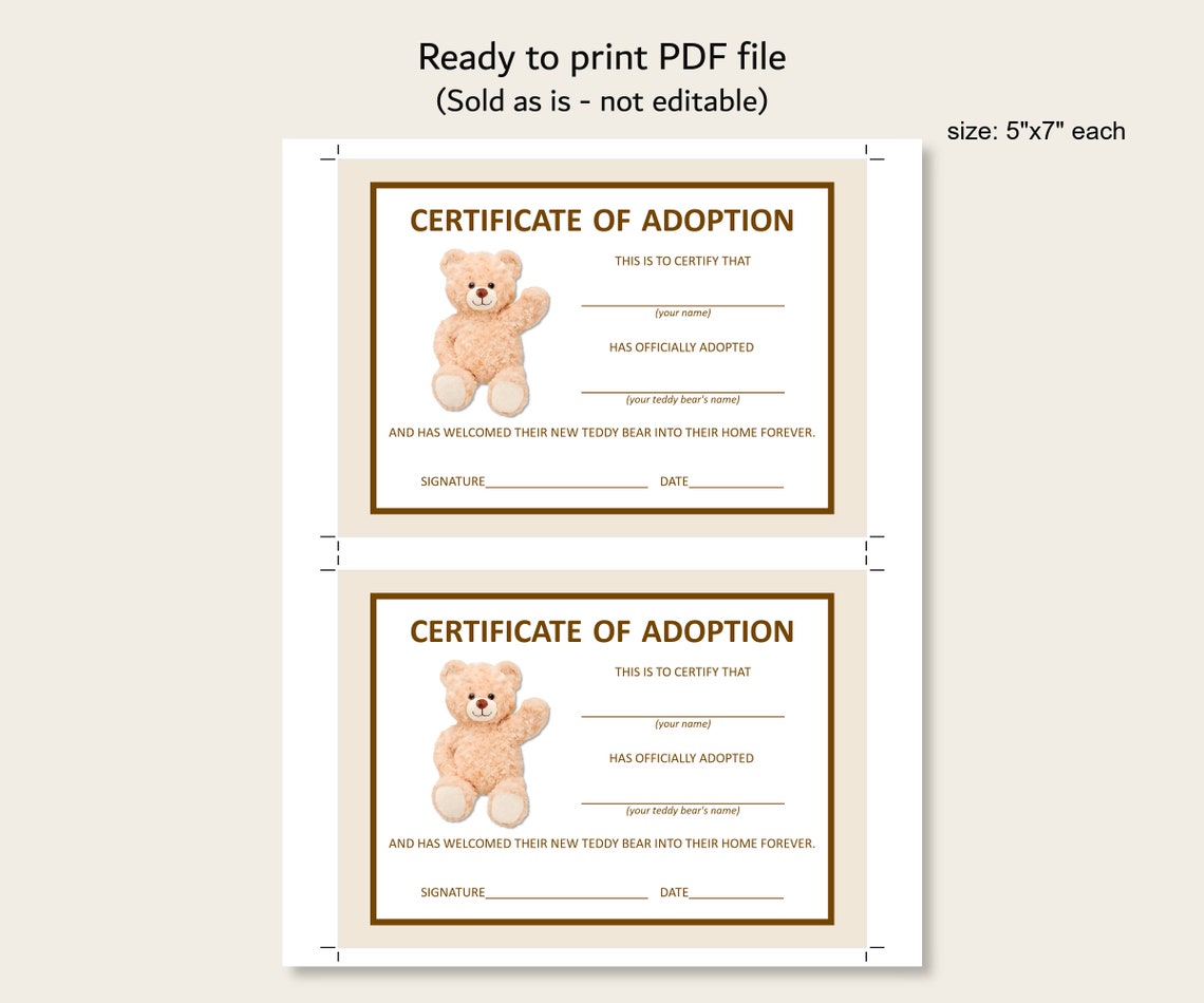 Adopt a Teddy Bear Adoption Certificate Teddy Bear Birthday - Etsy