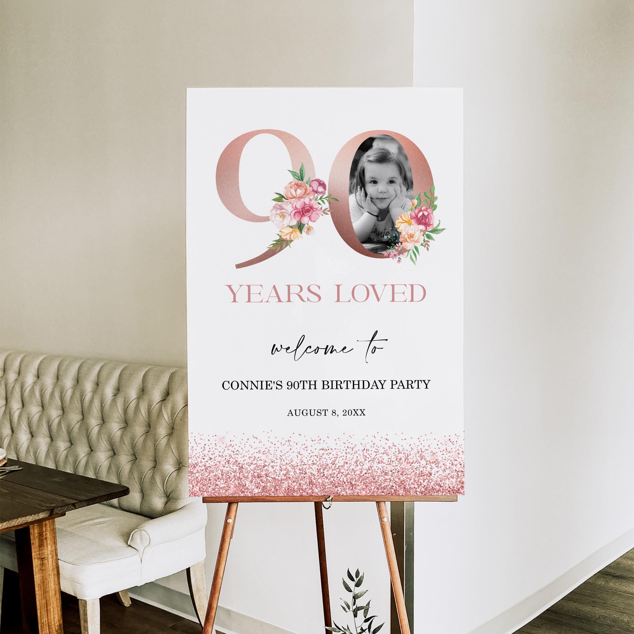 Editable 90th Birthday Welcome Sign, 90 Years Loved Sign, Pink Rose ...