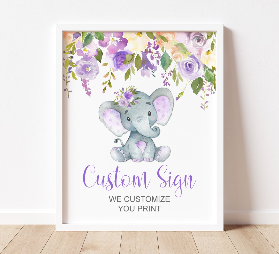 Elephant Custom Sign Printable Purple Elephant Baby Shower Birthday ...