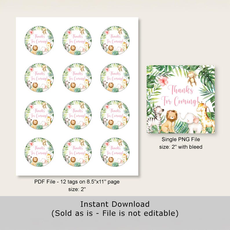Printable Safari Favor Tags – Round Jungle Animal Thank You Labels for ...