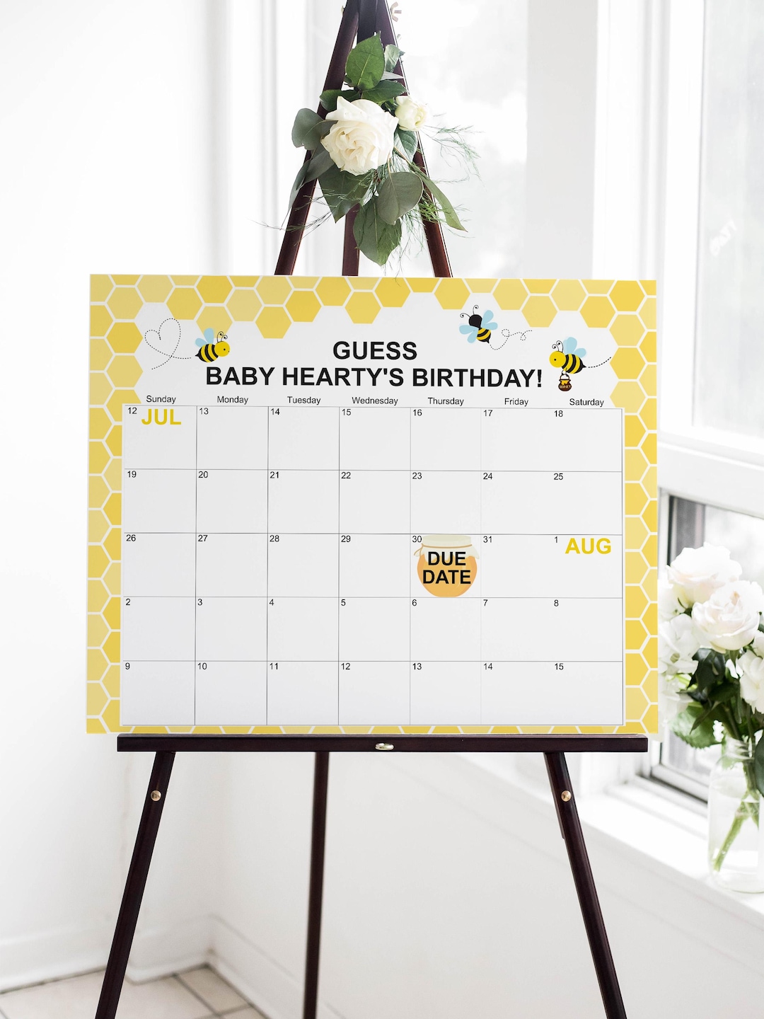 Custom Bee Theme Baby Due Date Calendar Game Bumble Bee Baby Shower ...