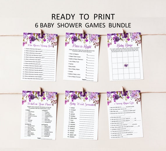 Purple Baby Shower Game Bundle Games Printable Boho Floral Girl Baby ...