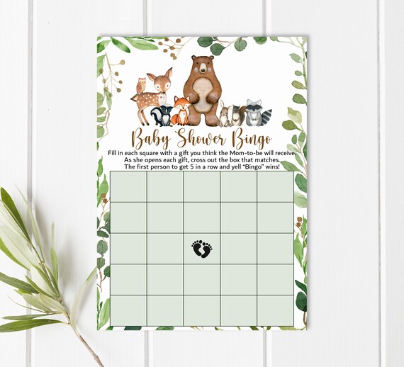 Woodland Baby Shower Bingo Cards Baby Shower Game Greenery Woodland ...