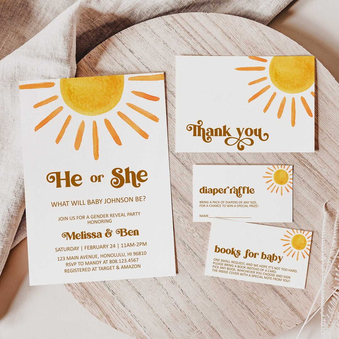 Editable Sunshine Gender Reveal Invitation Bundle Sun Gender Reveal ...