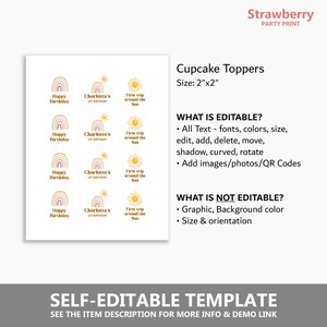 Editable Sunshine Birthday Cupcake Toppers Boho Rainbow - Etsy