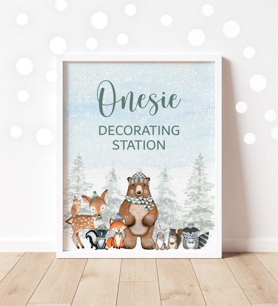 Woodland Baby Shower Onesie Decorating Station Sign Winter Woodland ...
