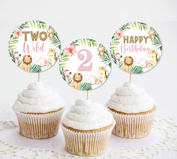 Two Wild Cupcake Toppers Pink Safari Birthday Safari 2nd Birthday Party ...