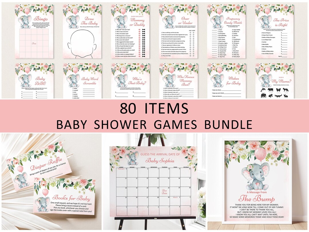 Editable Elephant Baby Shower Games Bundle Pink Elephant Girl Baby ...
