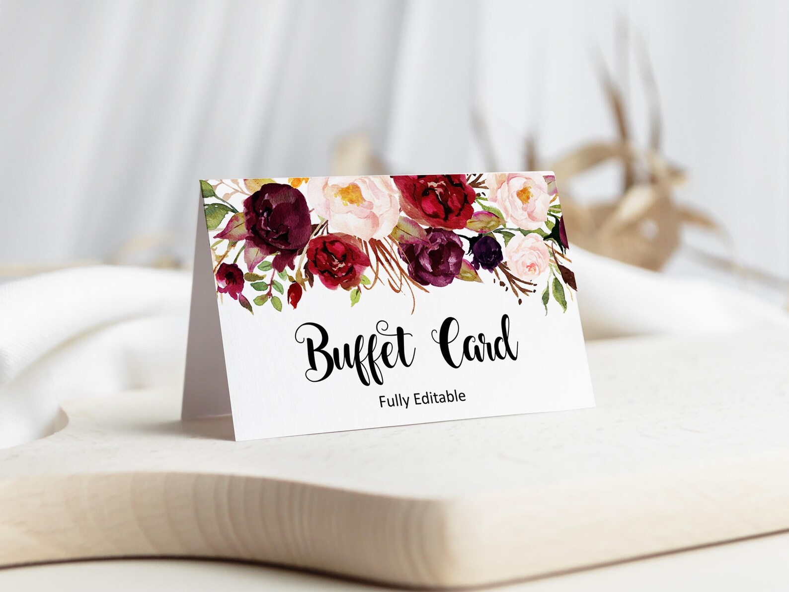 Editable Floral Buffet Food Card – Burgundy Maroon Pink Party Label ...