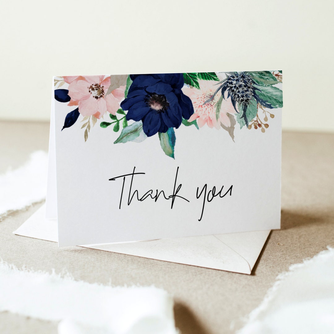 Floral Thank You Card Blue and Pink Flowers Thank You Note Card ...