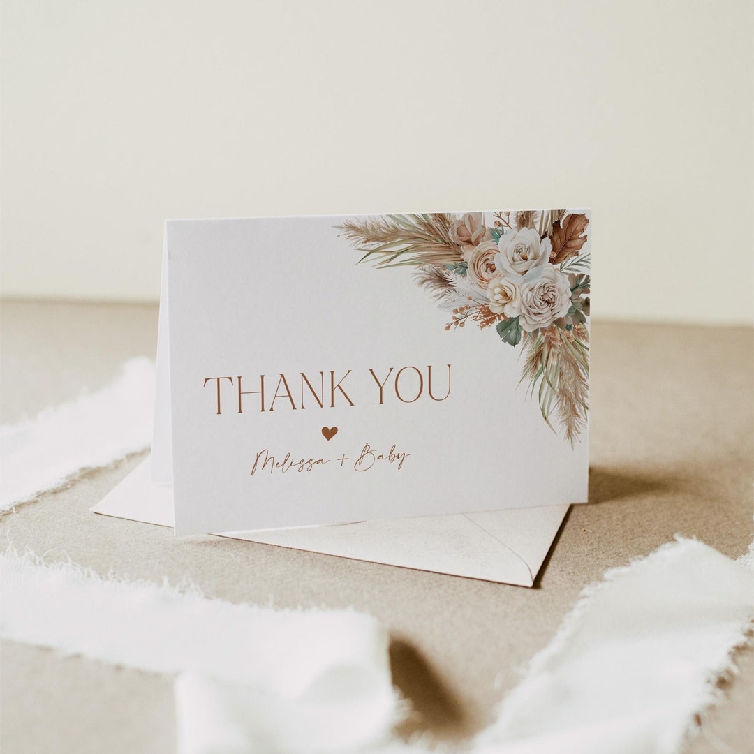 Editable Boho Floral Thank You Card Template - Pampas Grass Natural ...