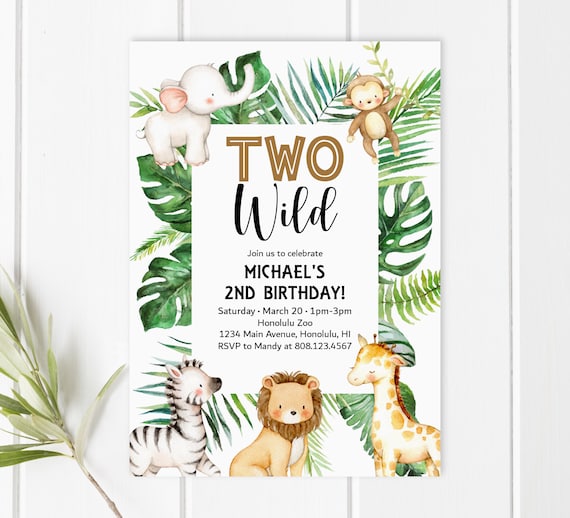 CUSTOM Two Wild Birthday Invitation Safari Animals Jungle Zoo Animal ...