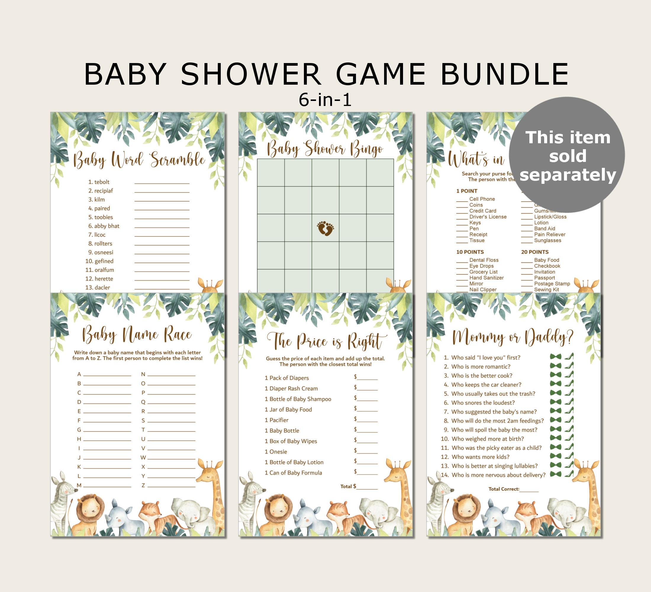 Bingo Game Cards Jungle Baby Shower Safari Baby Shower Game | Etsy