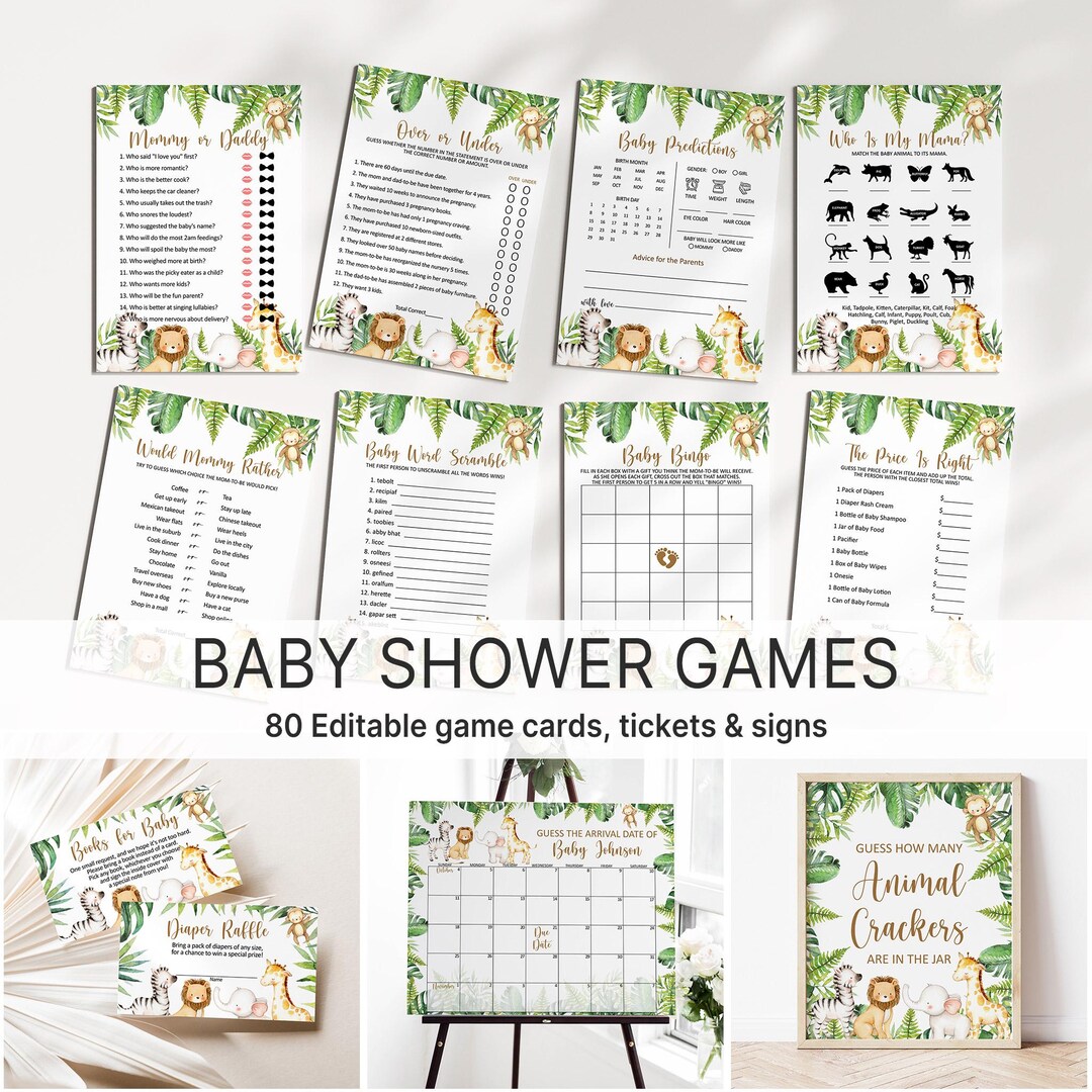 Editable Safari Baby Shower Games Bundle – Tropical Jungle Animals ...