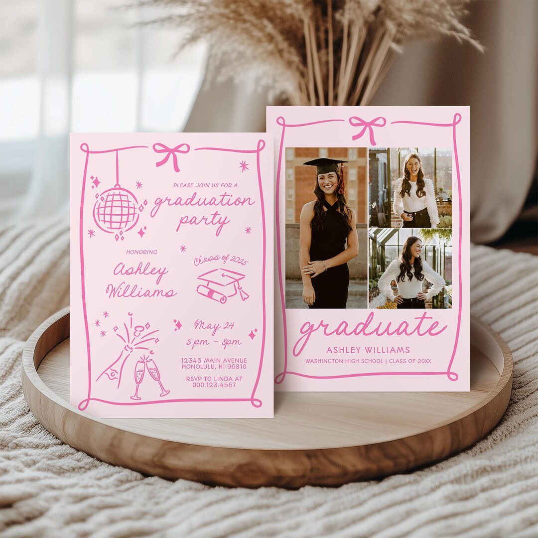 Editable Hand Drawn Pink Bow Graduation Announcement Card Graduation ...