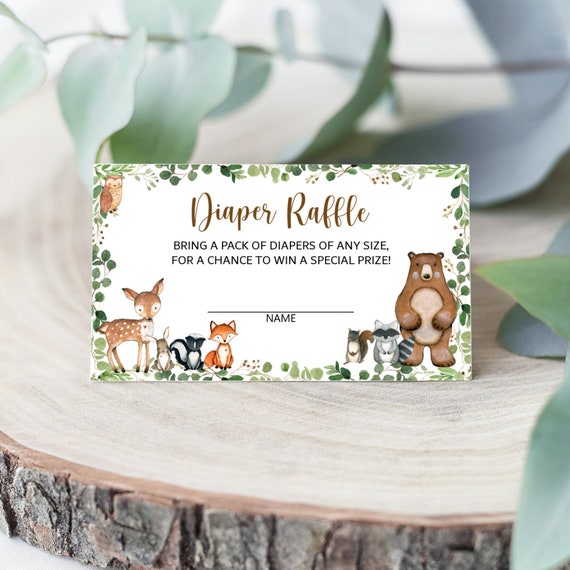 Diaper Raffle Cards Woodland Baby Shower Game Greenery Woodland Animals ...