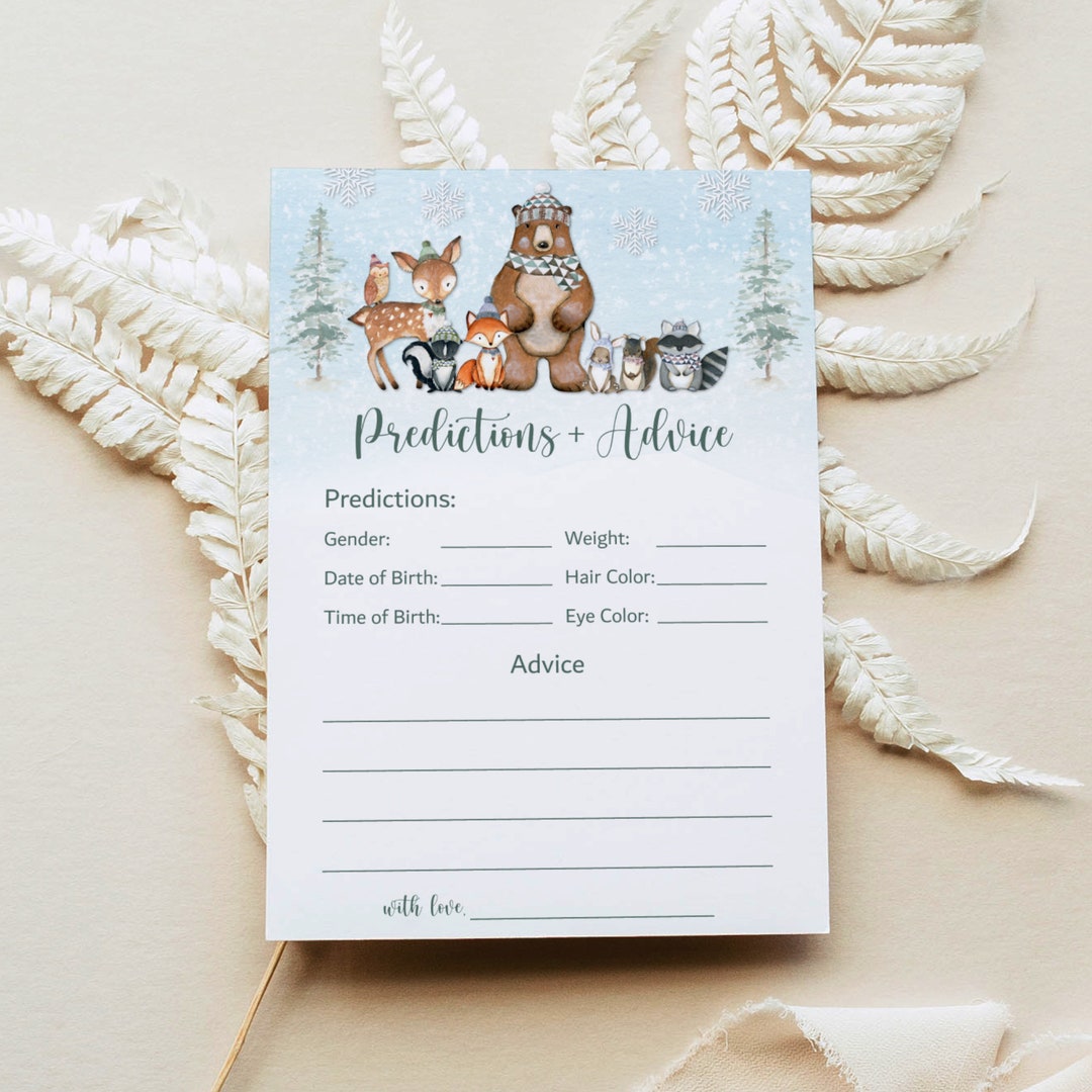 Baby Predictions and Advice Card Winter Woodland Forest Animal Baby ...
