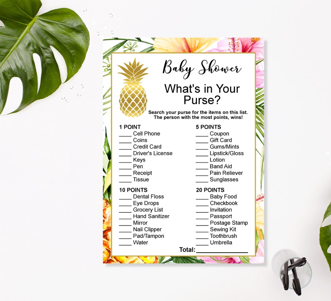 Whats in Your Purse Game Tropical Baby Shower Game Hawaiian Luau Baby ...