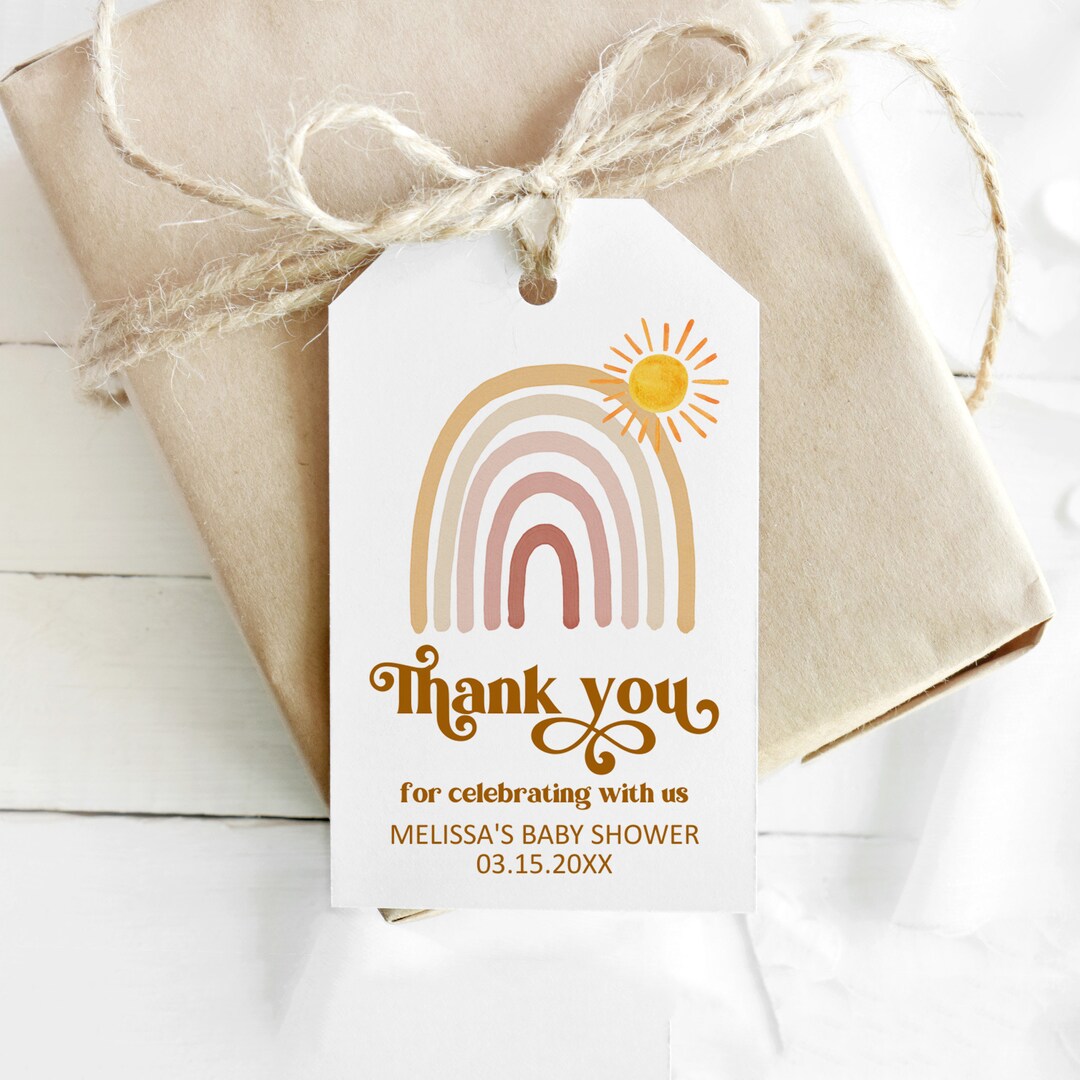 Editable Sunshine Baby Shower Favor Tag Bohemian Rainbow Birthday First ...