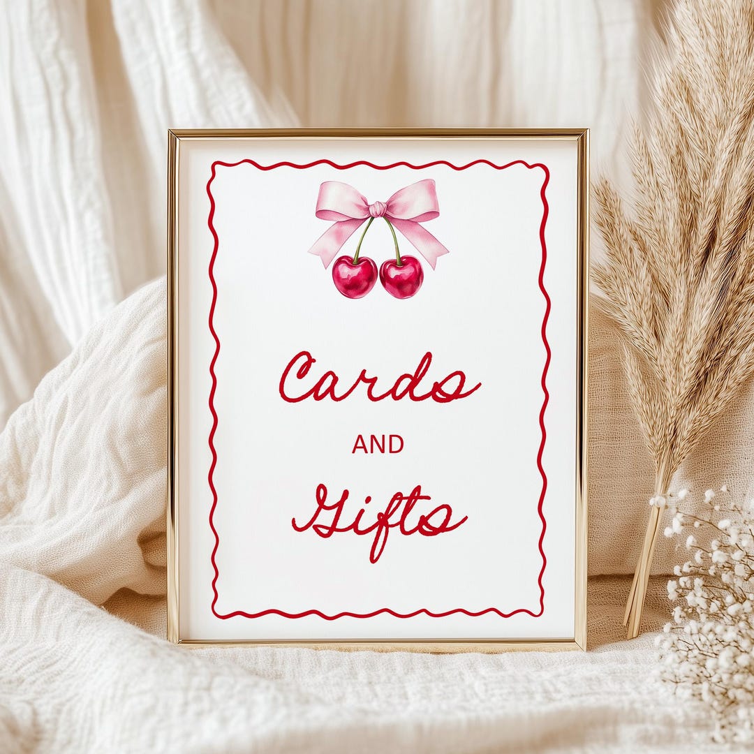 Editable Cherry Cards and Gifts Sign Coquette Cherry Bridal Shower She ...