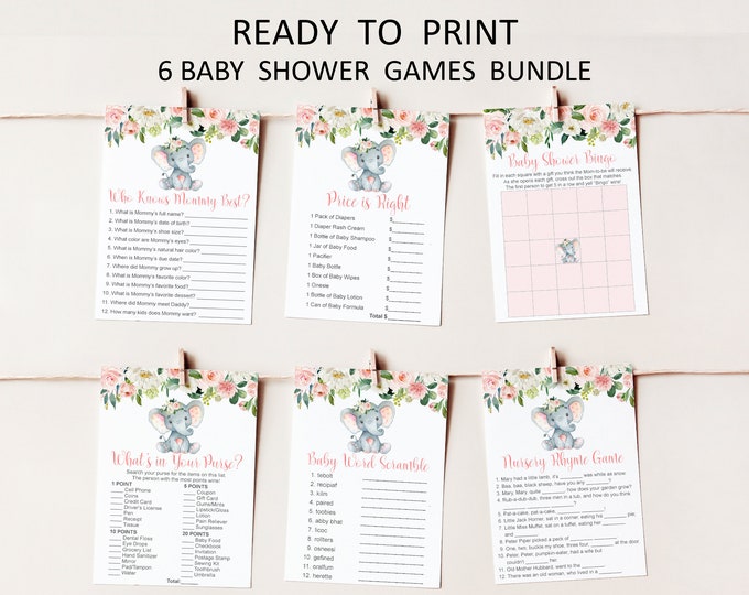 Elephant Baby Shower Games Printable Game Bundle Pink Elephant Girl ...