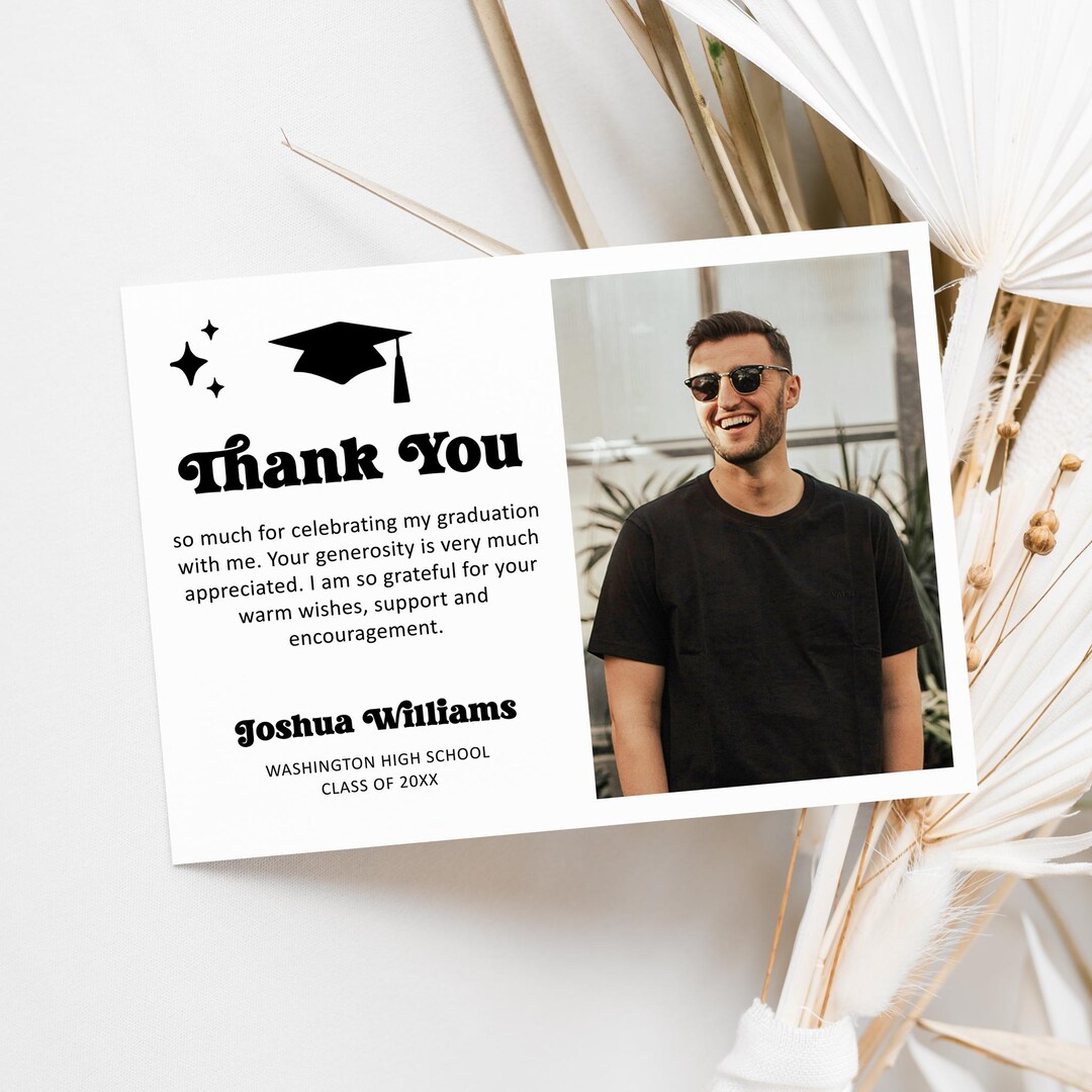 Editable Graduation Thank You Card With Photo Template Modern Retro ...
