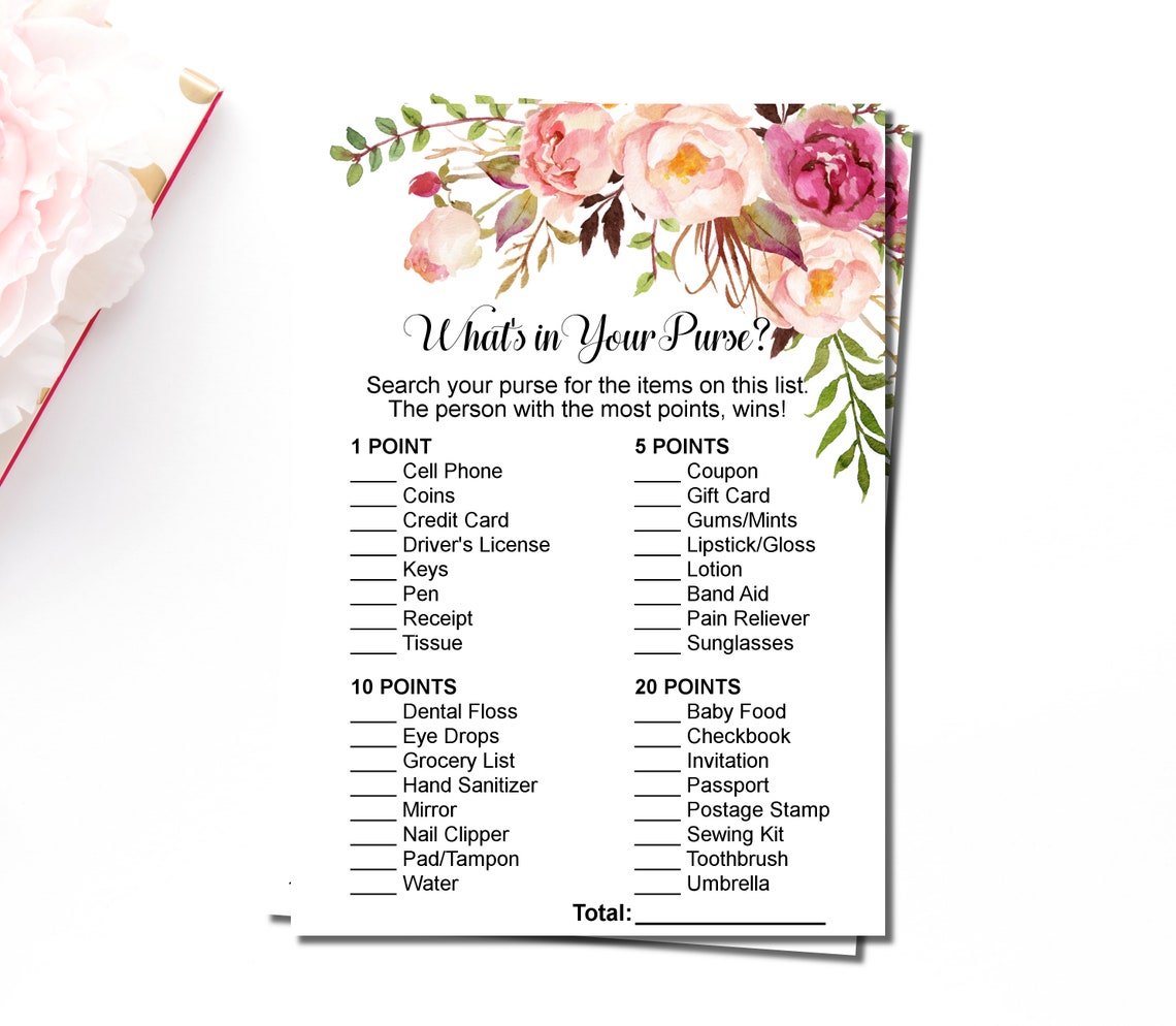 What's in Your Purse Game Baby Shower Game Pink Floral | Etsy