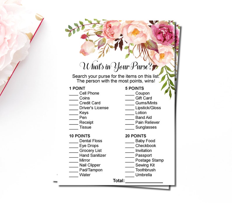 What's in Your Purse Game Baby Shower Game Pink Floral Boho Baby Shower ...