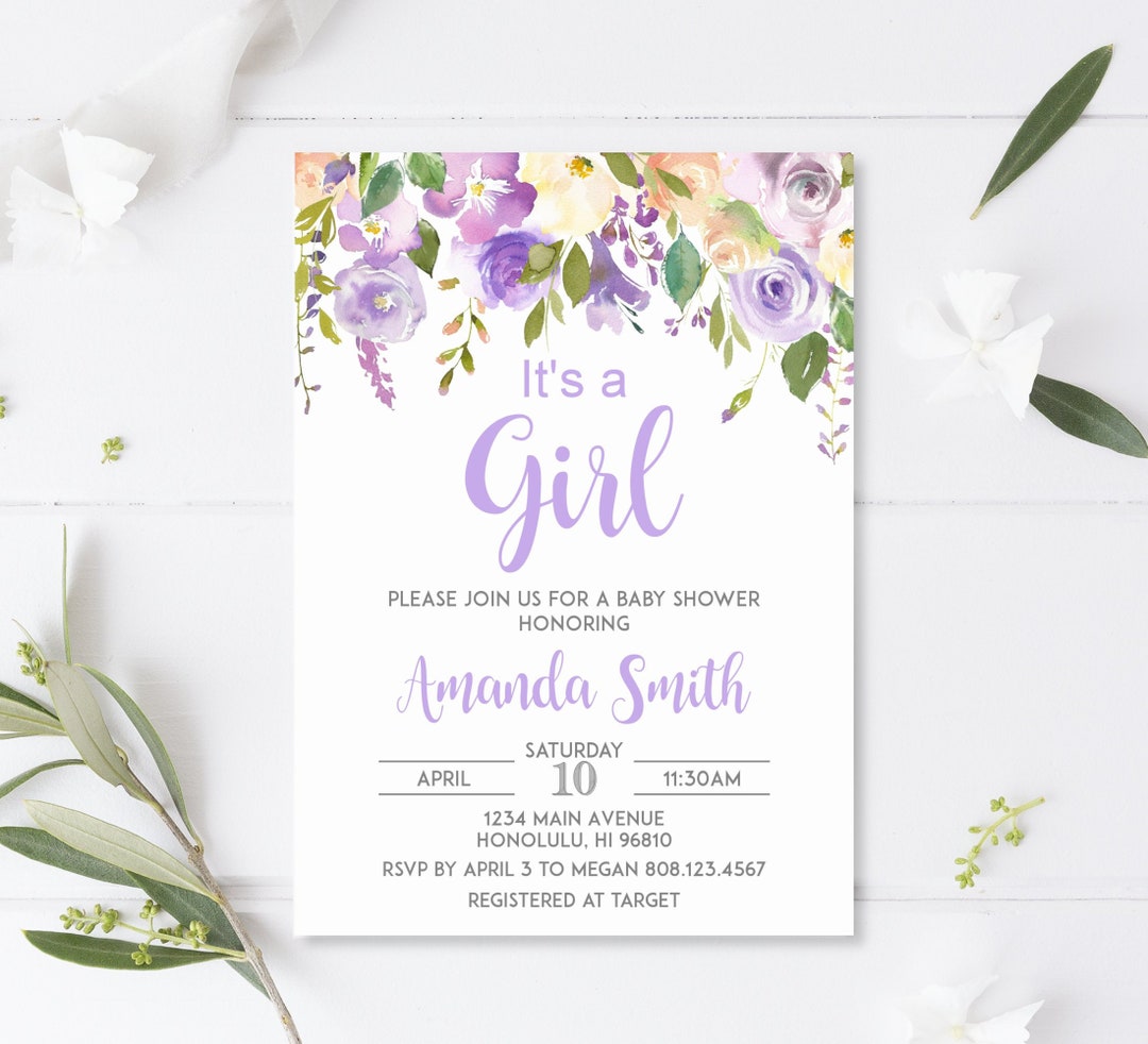 Purple Baby Shower Invitation Girl Baby Shower Invitation Baby - Etsy