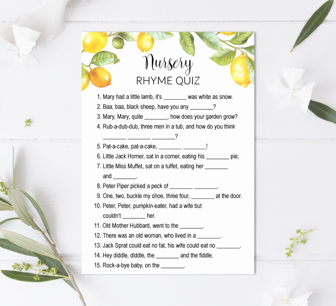 Nursery Rhyme Quiz Lemon Baby Shower Game Citrus Lemon Theme - Etsy