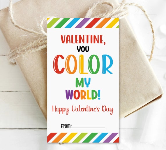 Kids Valentine Tag Rainbow You Color My World Crayons Valentines Day ...