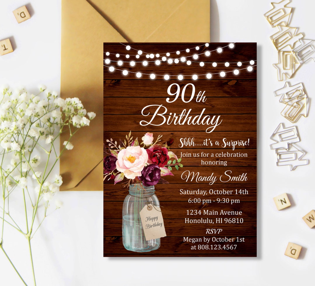 CUSTOM 90th Birthday Invitations for Women Floral Birthday Invitation ...