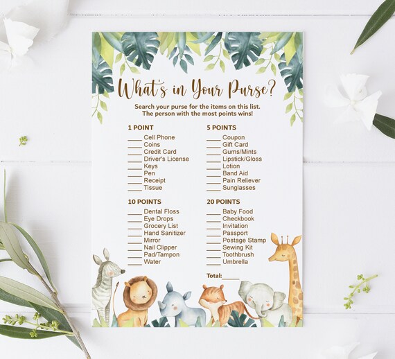 jungle baby shower Safari Baby Shower Game Safari What's In Your Purse ...