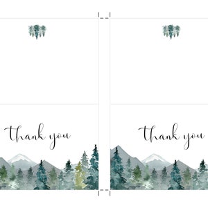 Thank You Card Template Winter Woodsy Mountain Pine Trees Folded Thank ...
