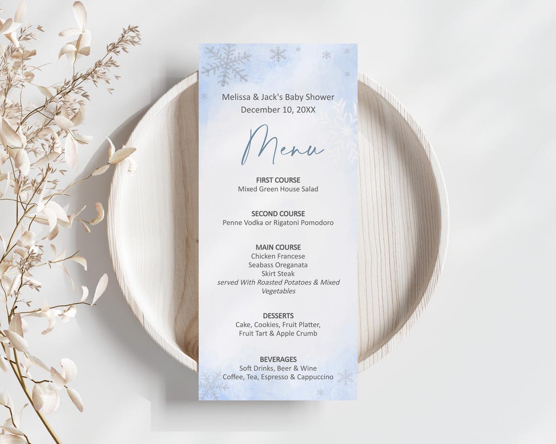 Editable Blue Snowflake Winter Party Menu Template Baby It's Cold ...