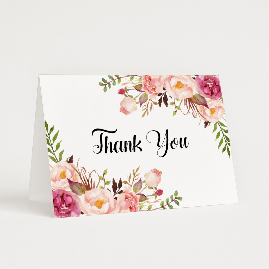 Wildflower Floral Thank You Card Blush Pink Flowers Thank You Note Card ...