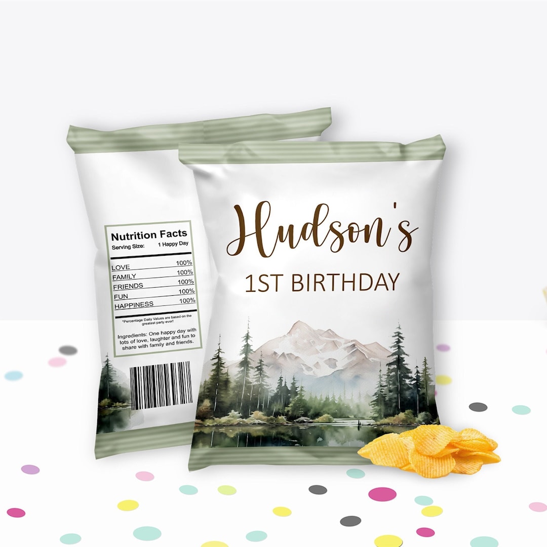 Buy Editable Forest Mountain Chip Bag Label Wrapper Adventure Birthday ...