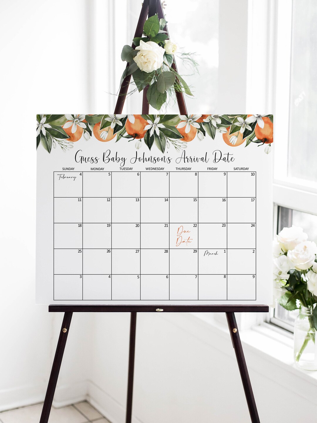 Editable Citrus Little Cutie Baby Shower Guess Baby's Due Date Calendar ...