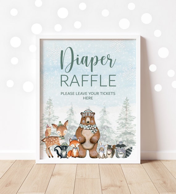 Woodland Baby Shower Diaper Raffle Sign Winter Woodland Animals Forest ...
