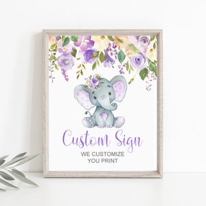 Elephant Custom Sign Printable Purple Elephant Baby Shower | Etsy