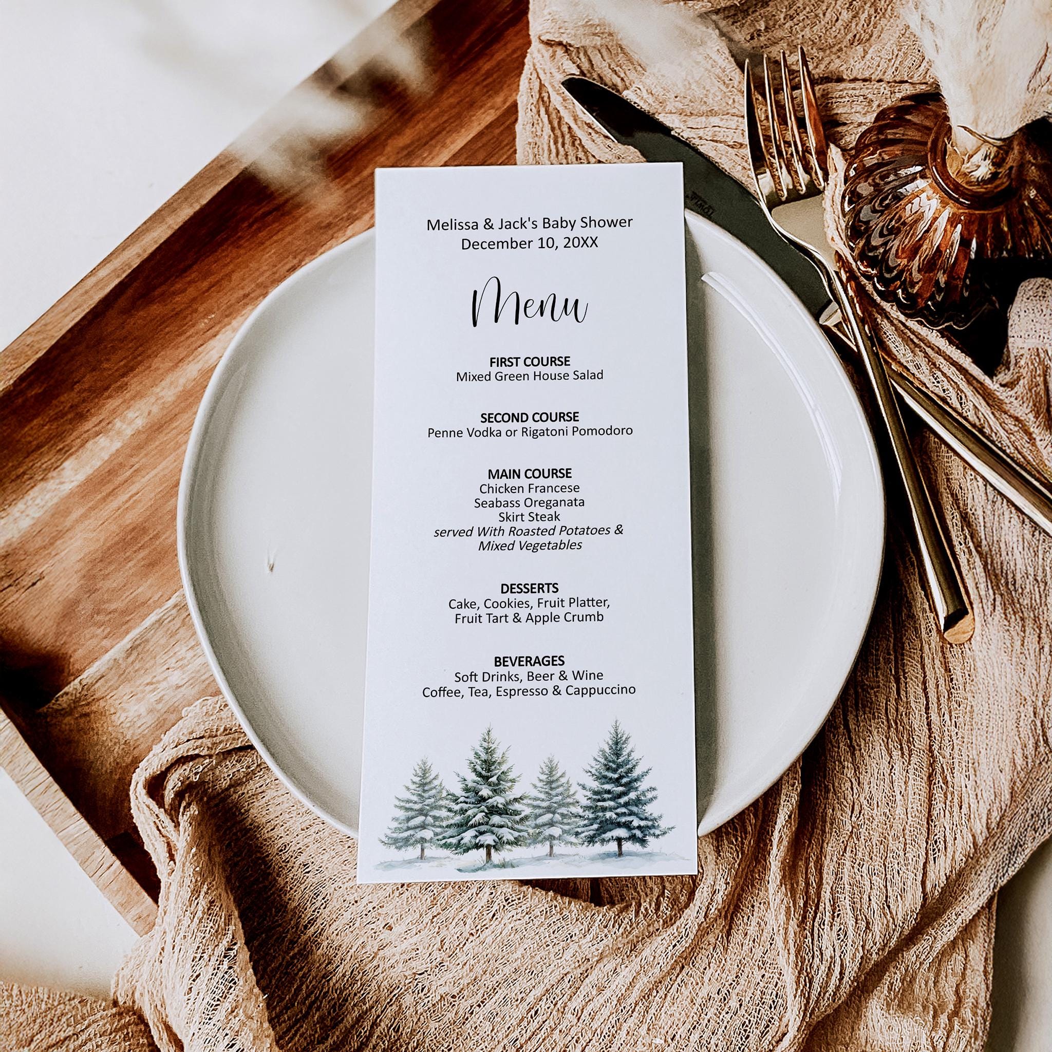 Editable Winter Party Menu Template Winter Evergreen Bridal Shower Menu ...