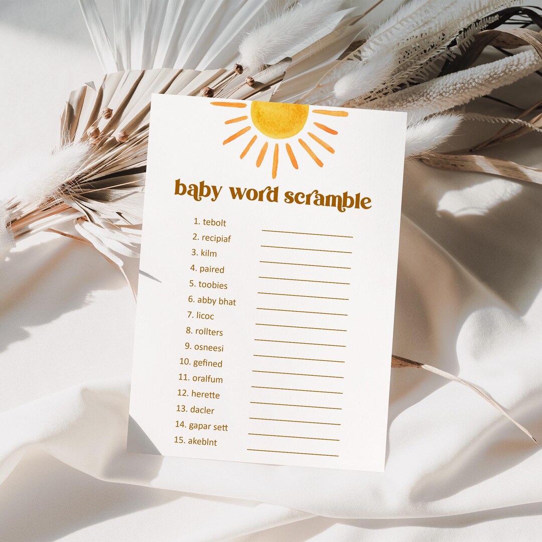 Baby Word Scramble Sun Baby Shower Game Sunshine Boho Baby Shower Game ...