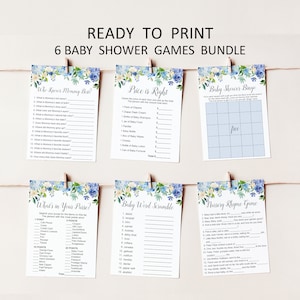 Blue Floral Baby Shower Games Printable Game Bundle Hydrangea Baby ...