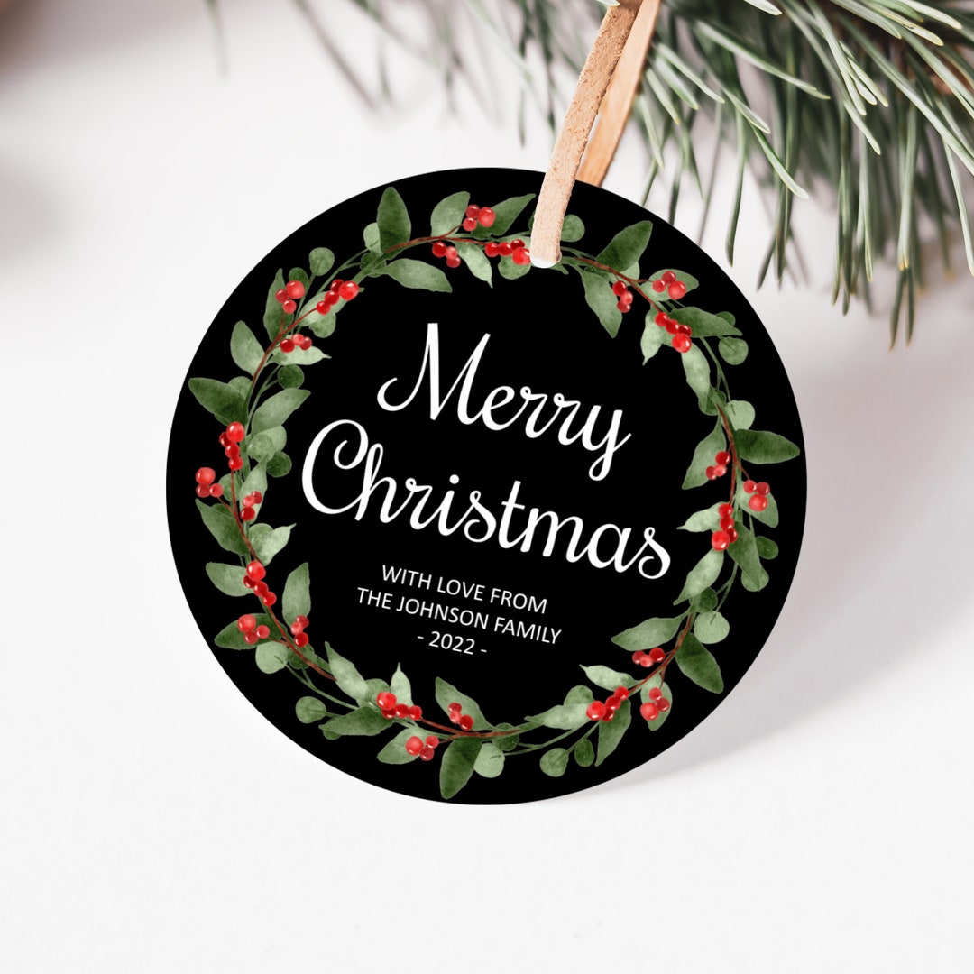 Editable Black Christmas Gift Tags Stickers Round Labels Holiday Favor ...