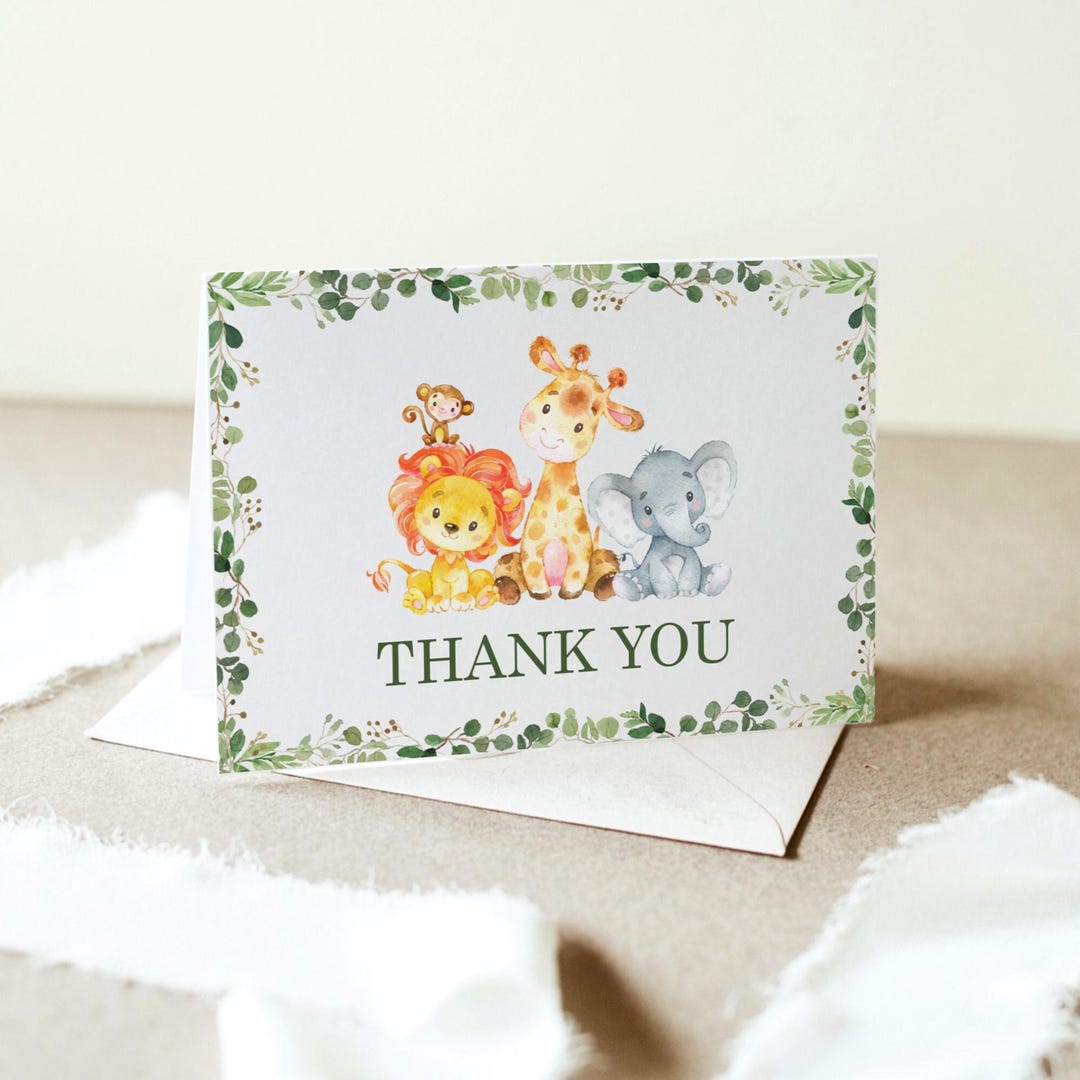 Jungle Animals Thank You Cards Jungle Baby Shower Birthday Safari Thank ...
