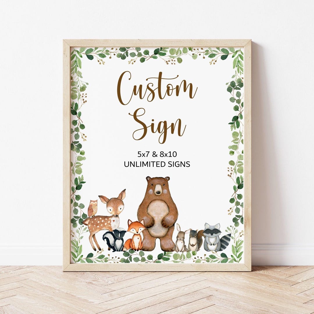 Editable Woodland Animals Custom Sign Greenery Woodland Baby Shower ...