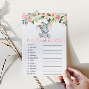 Baby Word Scramble Elephant Baby Shower Game Pink Elephant Baby Game ...